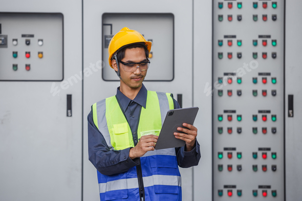 panel electric factory building. Male Industrial technician worker ...