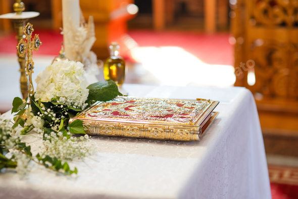 Detail of Greek Orthodox baptism, decorated table prepared for ...