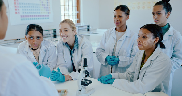 Science, laboratory and teacher with students at university for ...