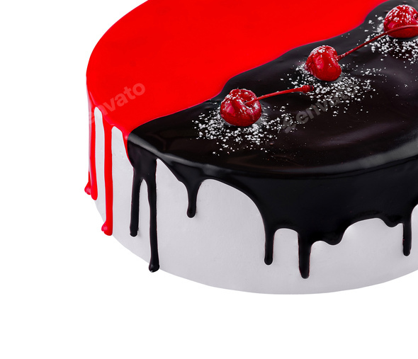 Delicious red and black cake dripping icing with cherries Stock Photo ...