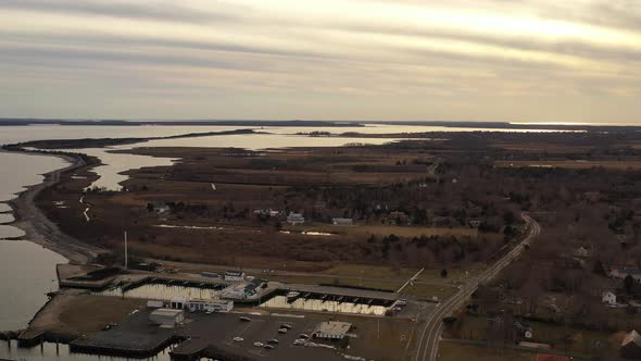 an aerial view over the eastern end of Orient Point, Long Island during ...