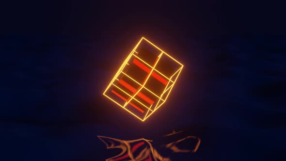 Neon glowing cube in a black space with moving field. Seamless loop ...