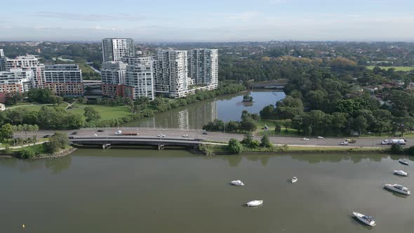 Aerial of Princess highway car bridge over the cooks river, Sydney, NSW ...