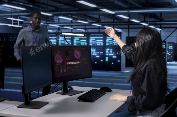 Admin requesting assistance from coworker during hacking attack on data center Stock Photo by DC ...