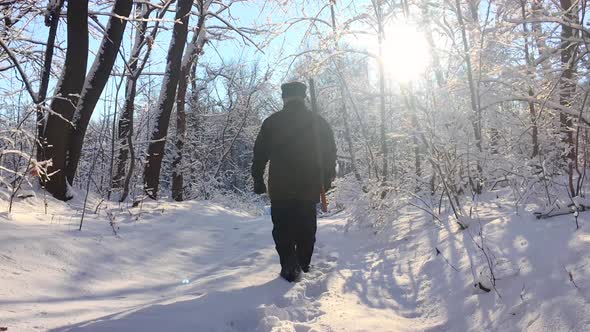 Hunter Walking in the Snowy Winter Forest. Winter Hobby, Sun, Hunting ...