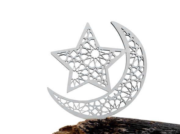 Crescent moon and star shape isolated on white background,White wood ...