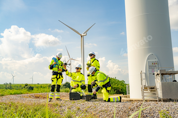 Wind turbine inspector wearing Personal protective equipment working at ...