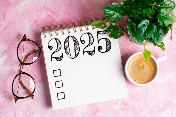 New year resolutions 2025 on desk. 2025 resolutions list with notebook ...