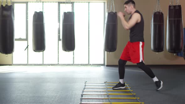 Boxer Practicing Punches and Footwork with Agility Ladder, Stock Footage