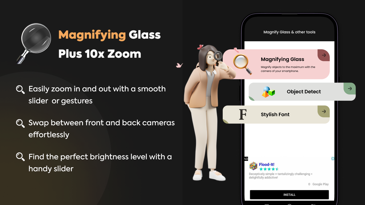Magnifying Glass Plus 10x Zoom - Object Detector - Magnifier Camera - Stylish Fonts by VocsyInfotech