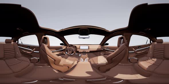VR 360 Camera Moving Inside Detailed Car Interior, Motion Graphics