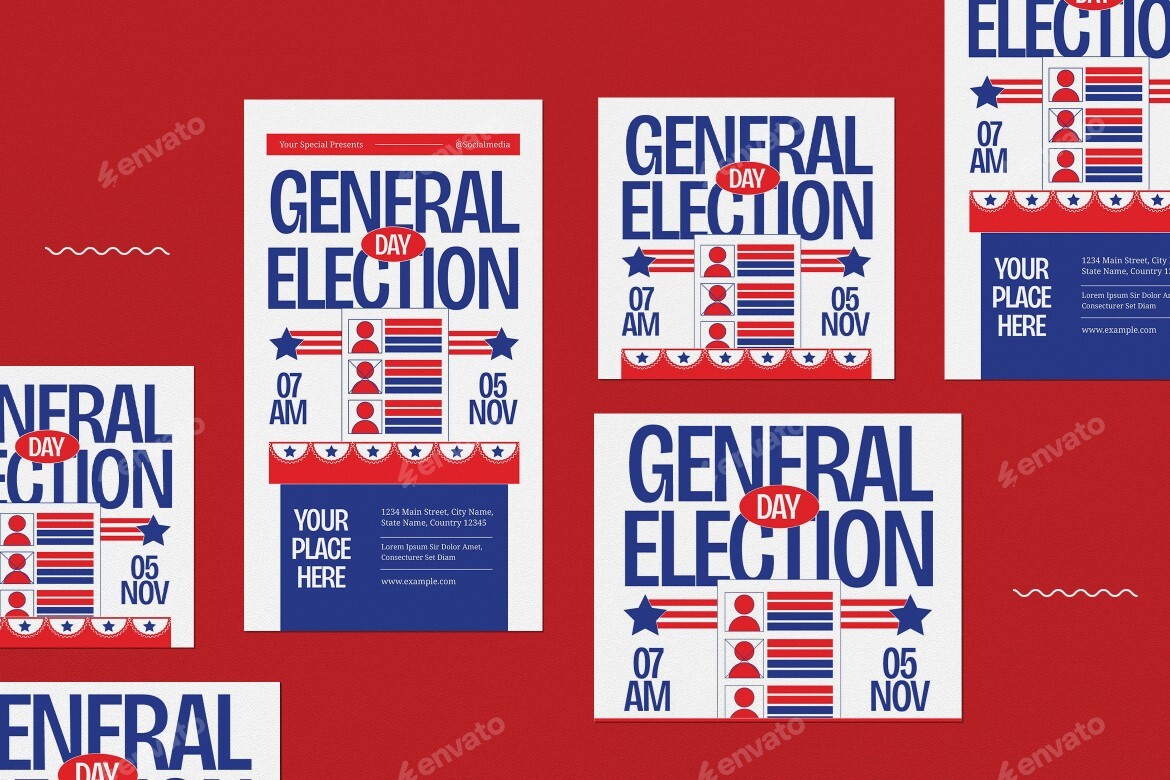 Red Blue Minimalist General Election Day Flyer Set, Print Templates