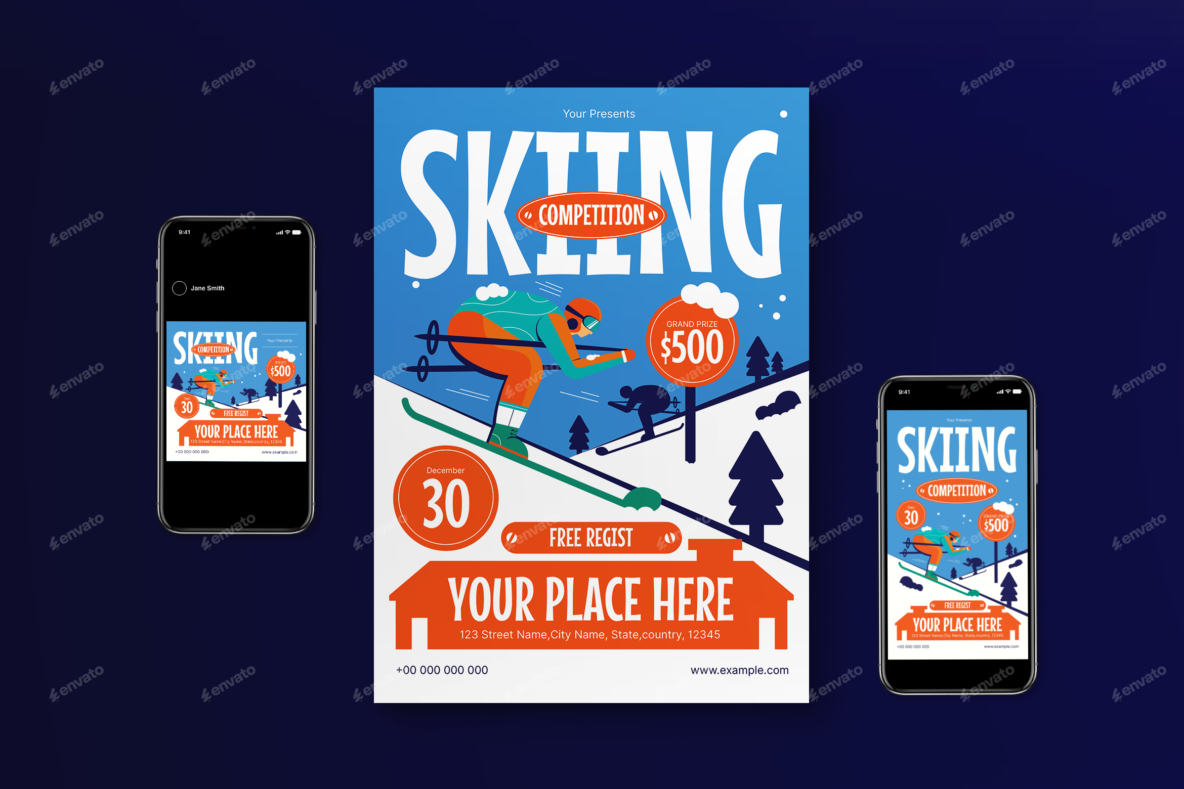 Blue Flat Design Skiing Competition Flyer Set, Print Templates ...