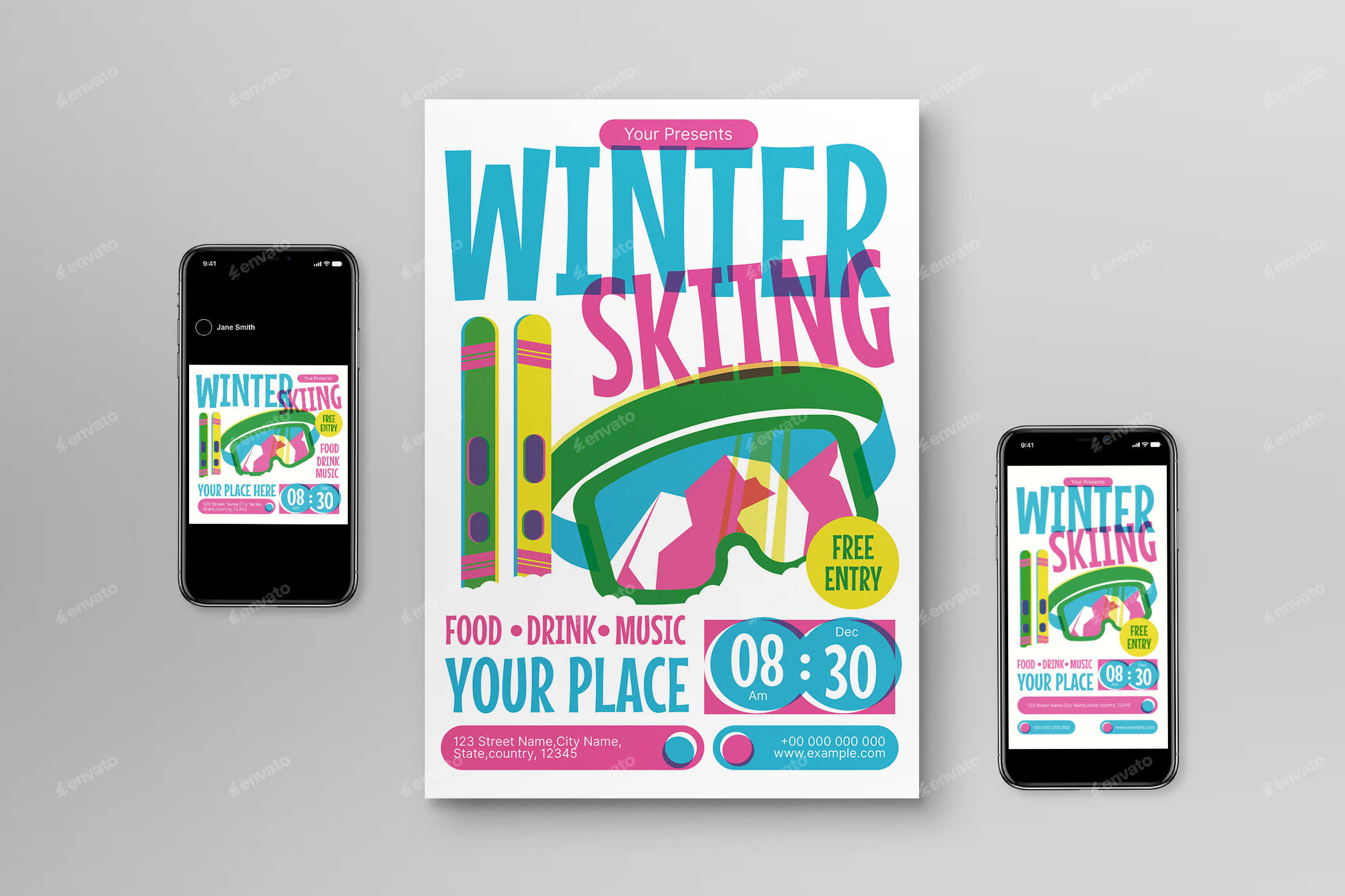 Blue And Pink Riso Graph Winter Skiing Flyer Set, Print Templates ...