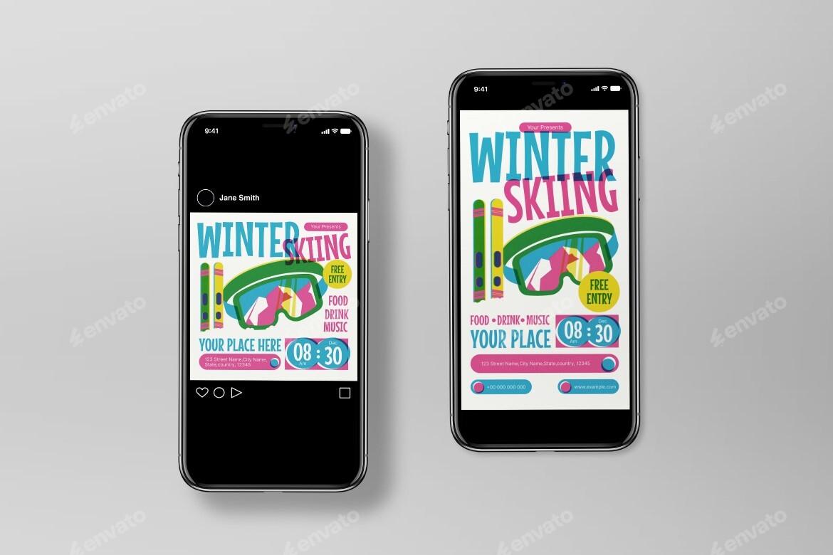 Blue And Pink Riso Graph Winter Skiing Flyer Set, Print Templates ...