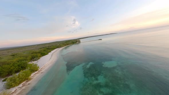 Flying Over Paradise Beach With Wooden Boardwalk In Cabo Rojo, Puerto ...