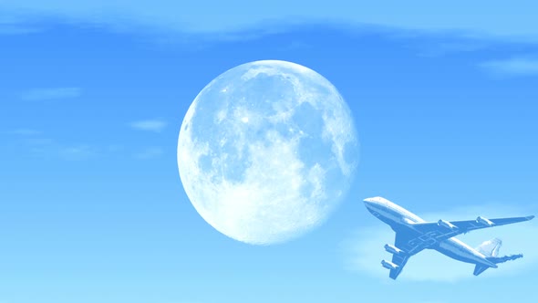 Passenger Airplane Flying Over Moon in Afternoon, Motion Graphics ...