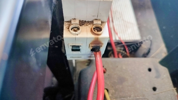 electrical accident blown fuse safety hazard. Burned fuse, electric ...