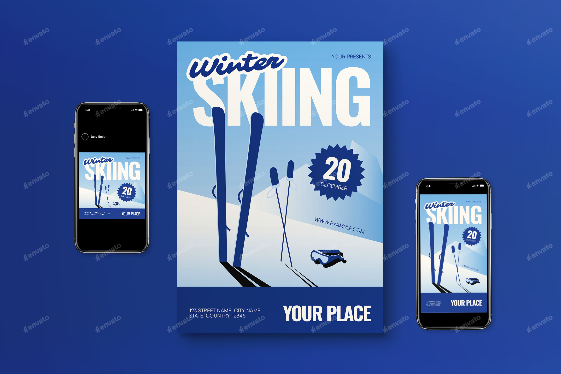 Blue Gradient Flat Design Winter Skiing Flyer Set, Print Templates