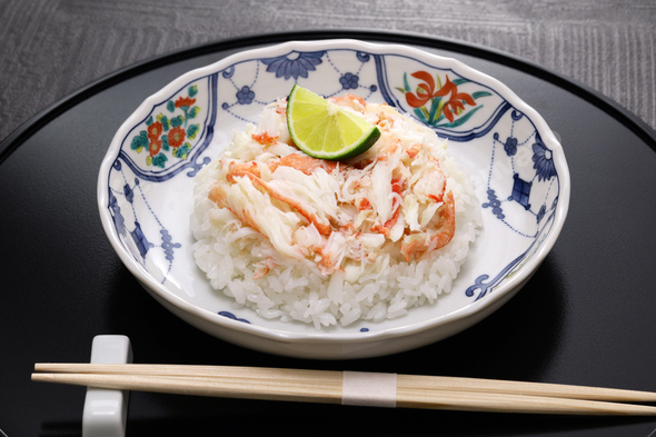 Kani meshi ( Snow crab meat over rice dish), Japanese food Stock Photo ...