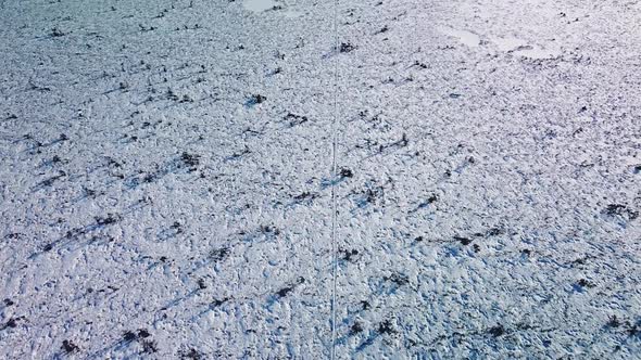 Revealing aerial view of snowy bog landscape with hiking trail and ...