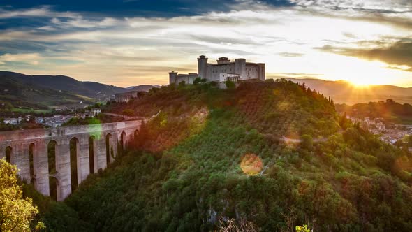 Sunset over beautiful castle in Preci, Italy, Umbria, Stock Footage