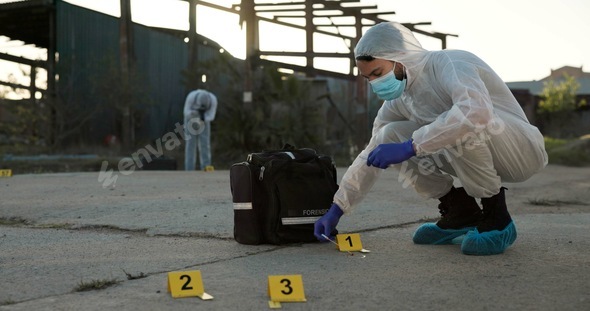 Forensics, person and sample of crime scene with evidence outdoor, dna ...
