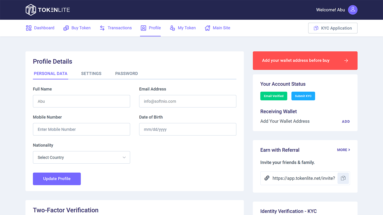 TokenLite - ICO / STO Token Sale Management Dashboard - ICO Admin Script by softnio