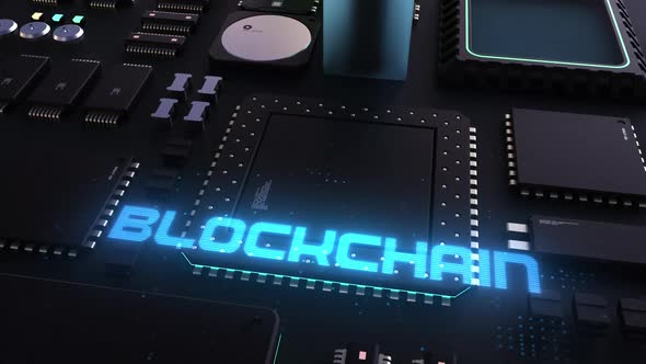 blockchain header on the background of a chip with many processes ...
