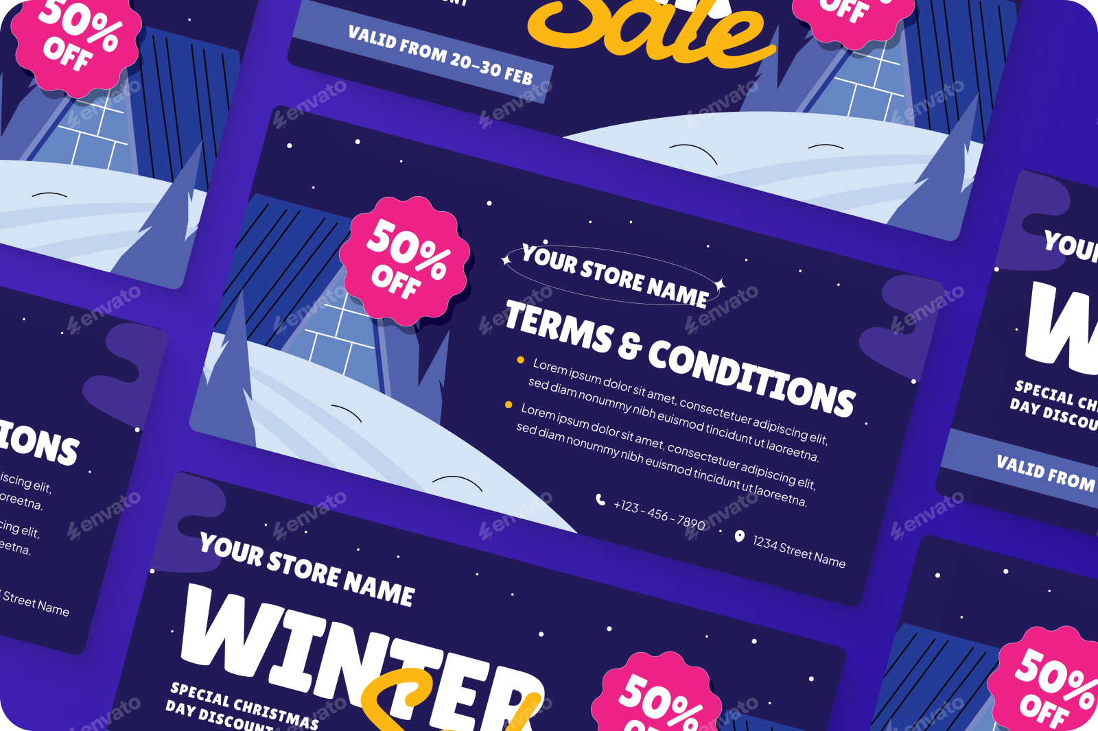 Snowflake Winter Promotion Gift Voucher, Print Templates | GraphicRiver