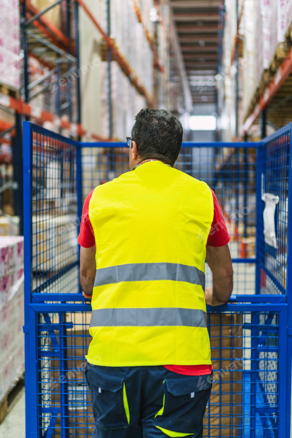 Warehouse worker pushing cart in logistics center Stock Photo by ...