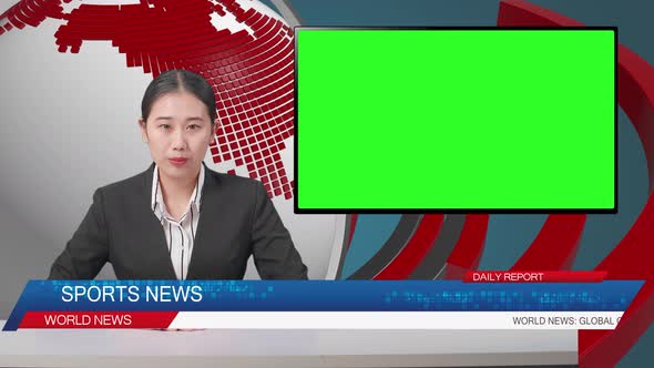 Live News Studio With Asian Female Anchor And Green Screen Television ...