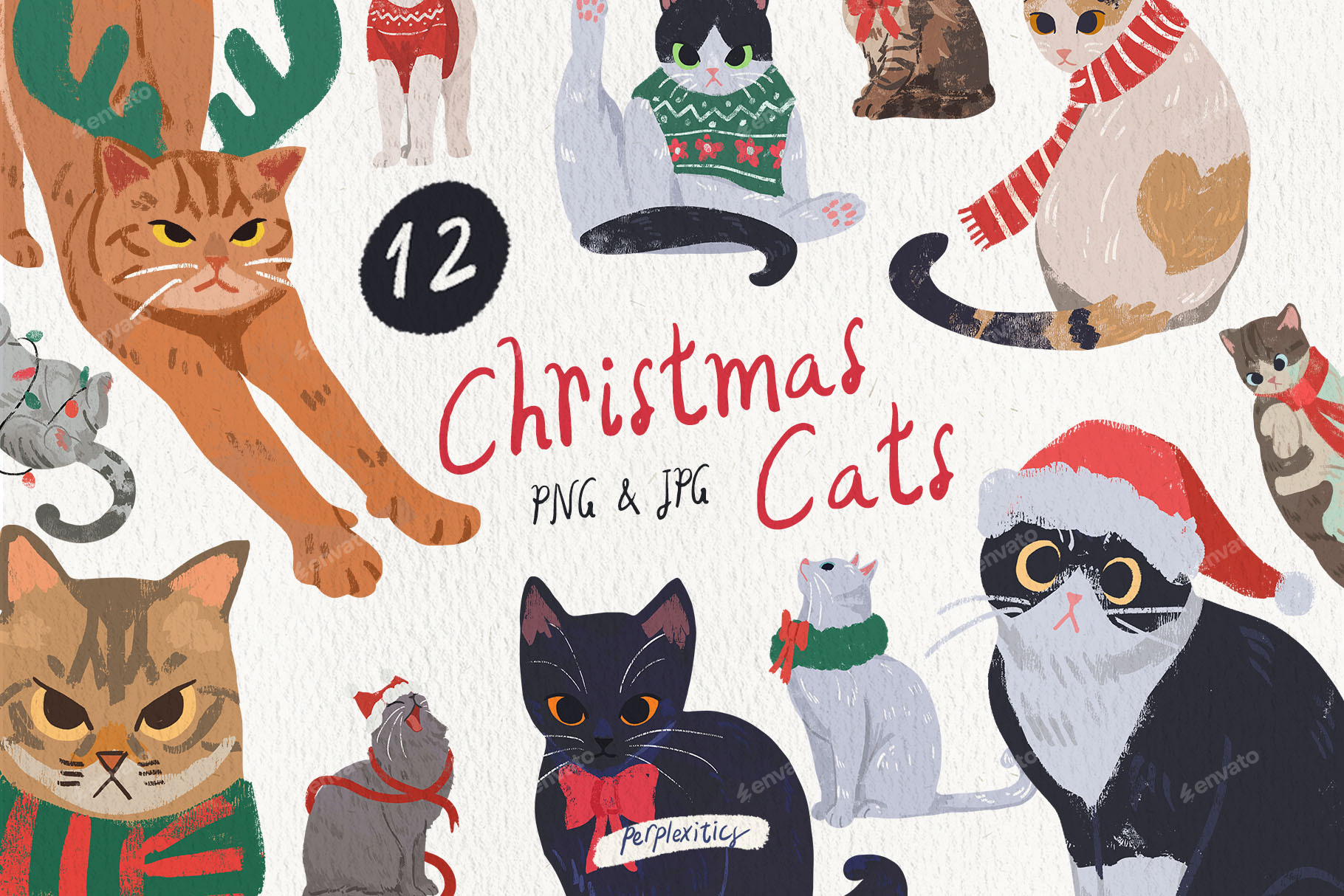 12 Christmas Cats Clipart Collection PNG & JPG, Graphics | GraphicRiver
