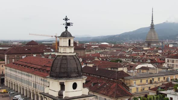 Church tower and city skyline of Turin, aerial drone orbit view, Stock ...