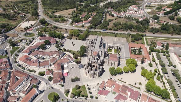 Birds eye view overlooking at historic Batalha monastery and townscape ...