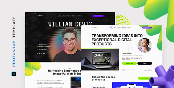 Devix – Developer Portfolio Template for Adobe Photoshop by merkulove