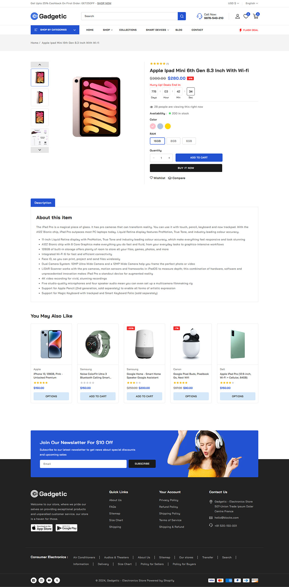 Gadgetic - Electronics & Smart Gadgets Store Shopify 2.0 Responsive Theme by codezeel