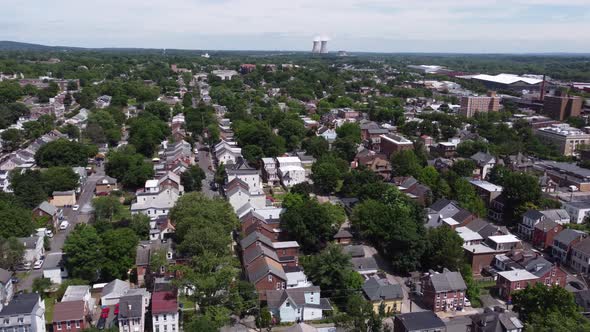 Downtown Pottstown with buildings and trees.Nuclear Towers in ...