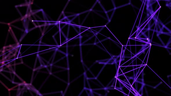 Abstract background of neon purple moving lines and dots connected to ...