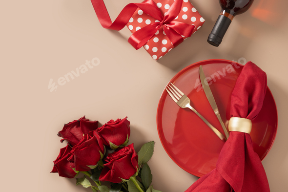 Valentine's day border with red plate, wine, romantic gift and red ...
