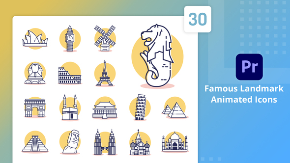 Famous Landmark Animated Icons | Premiere Pro MOGRT, Premiere Pro Templates