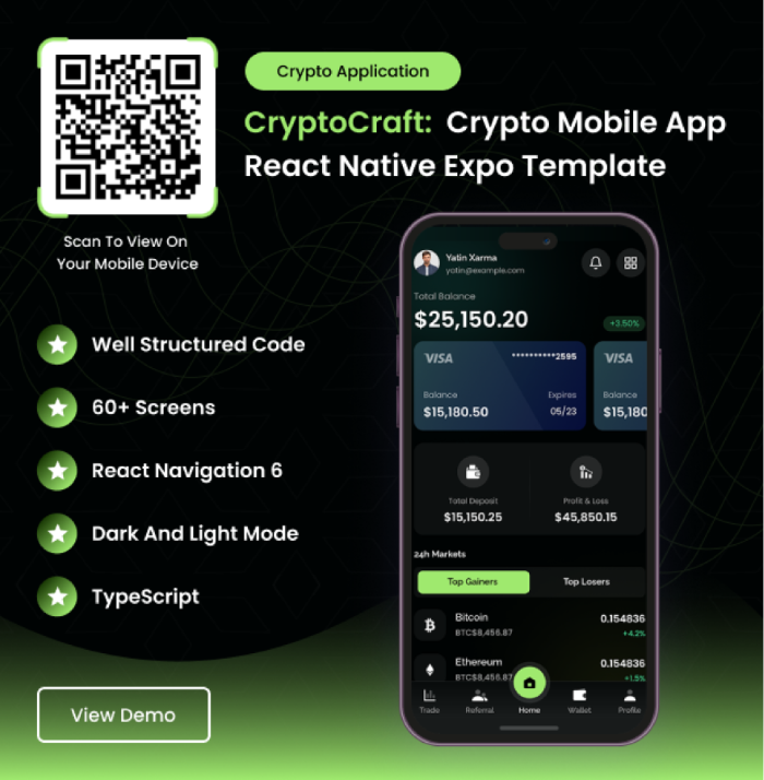 CryptoCraft - React Native Expo Cryptocurrency Mobile App Template by DexignZone