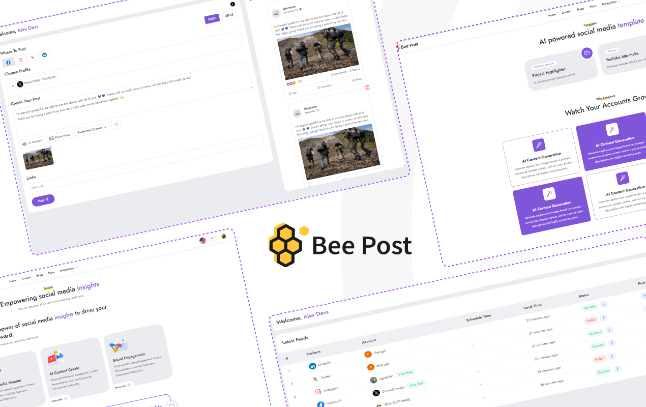 BeePost - AI Social Media Management & Content Creation SaaS with Subscription System by KodePixel
