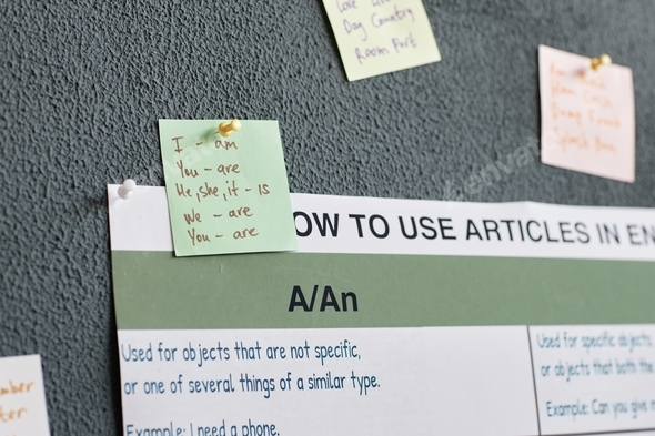 Sticky Note with English Grammar Rule Pinned on Wall in Classroom Stock ...