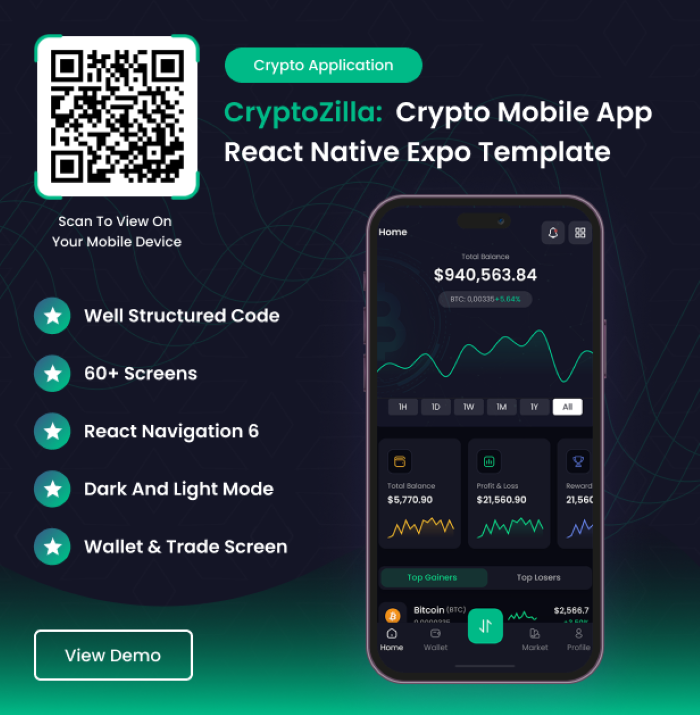 CryptoZilla - React Native Expo Cryptocurrency Mobile App Template by DexignZone
