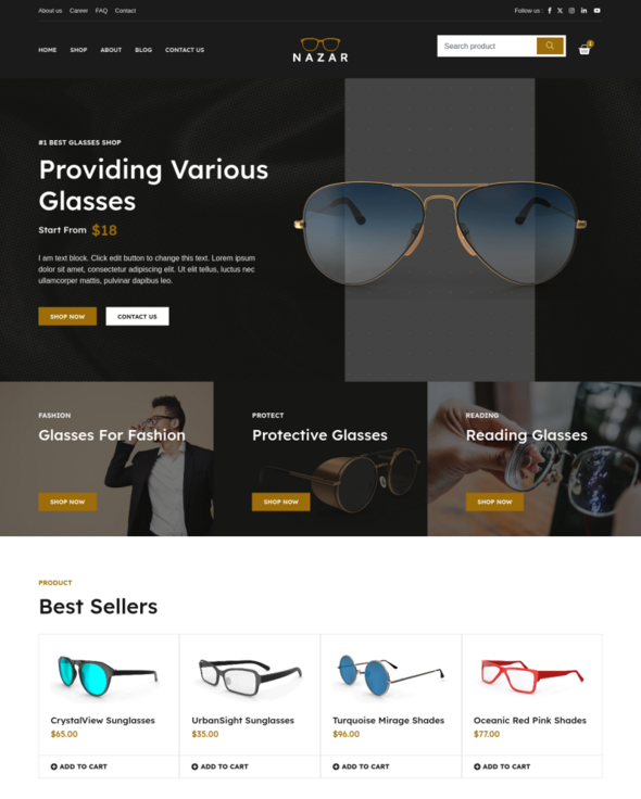 Nazar - Optical Eyewear WooCommerce Store Elementor Pro Template Kit by ...