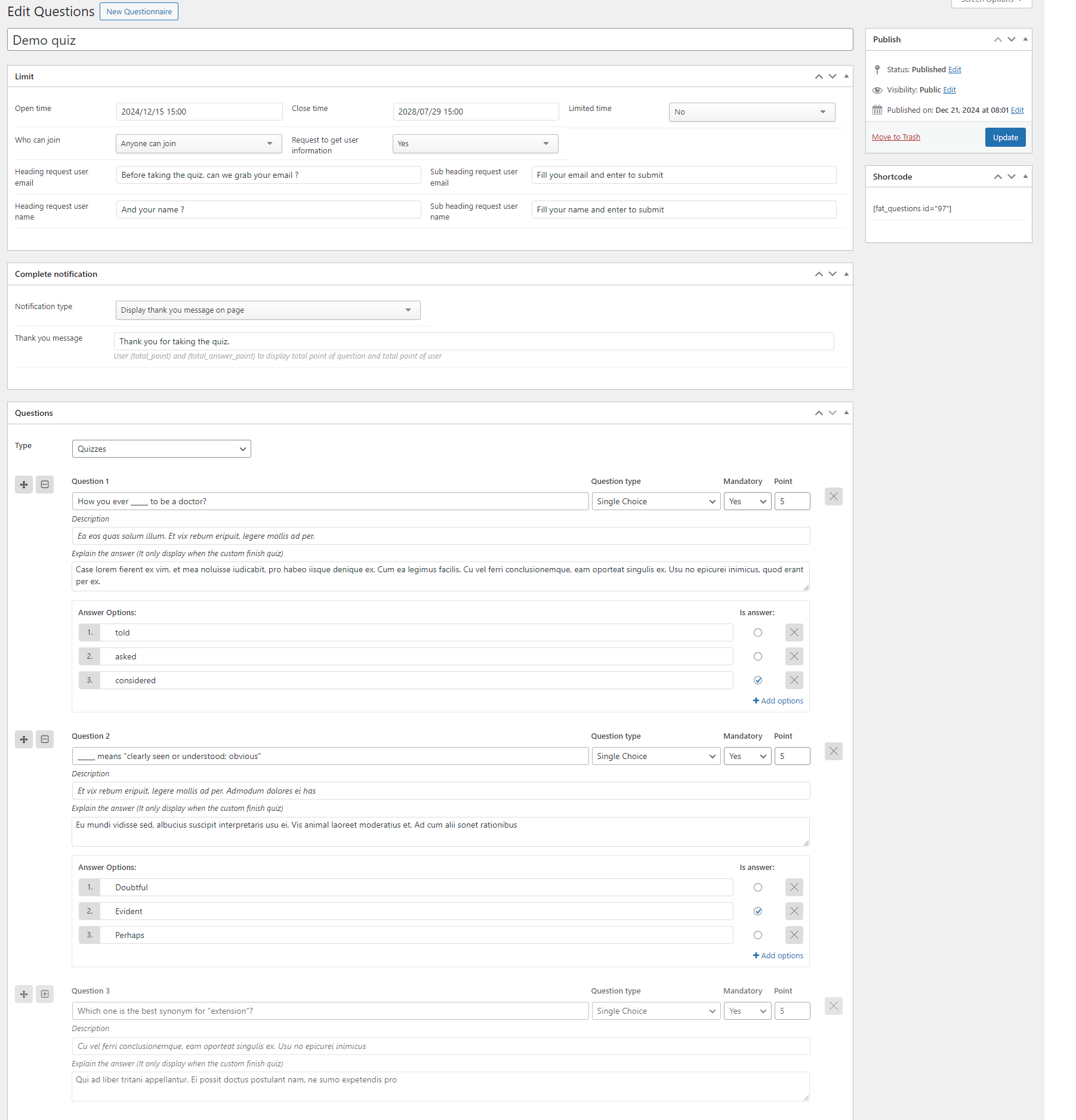 Fat Questionnaire - WordPress plugin solution for survey or quiz by roninwp