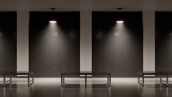 Empty changing room in school. Dressing room with grey lockers and ...