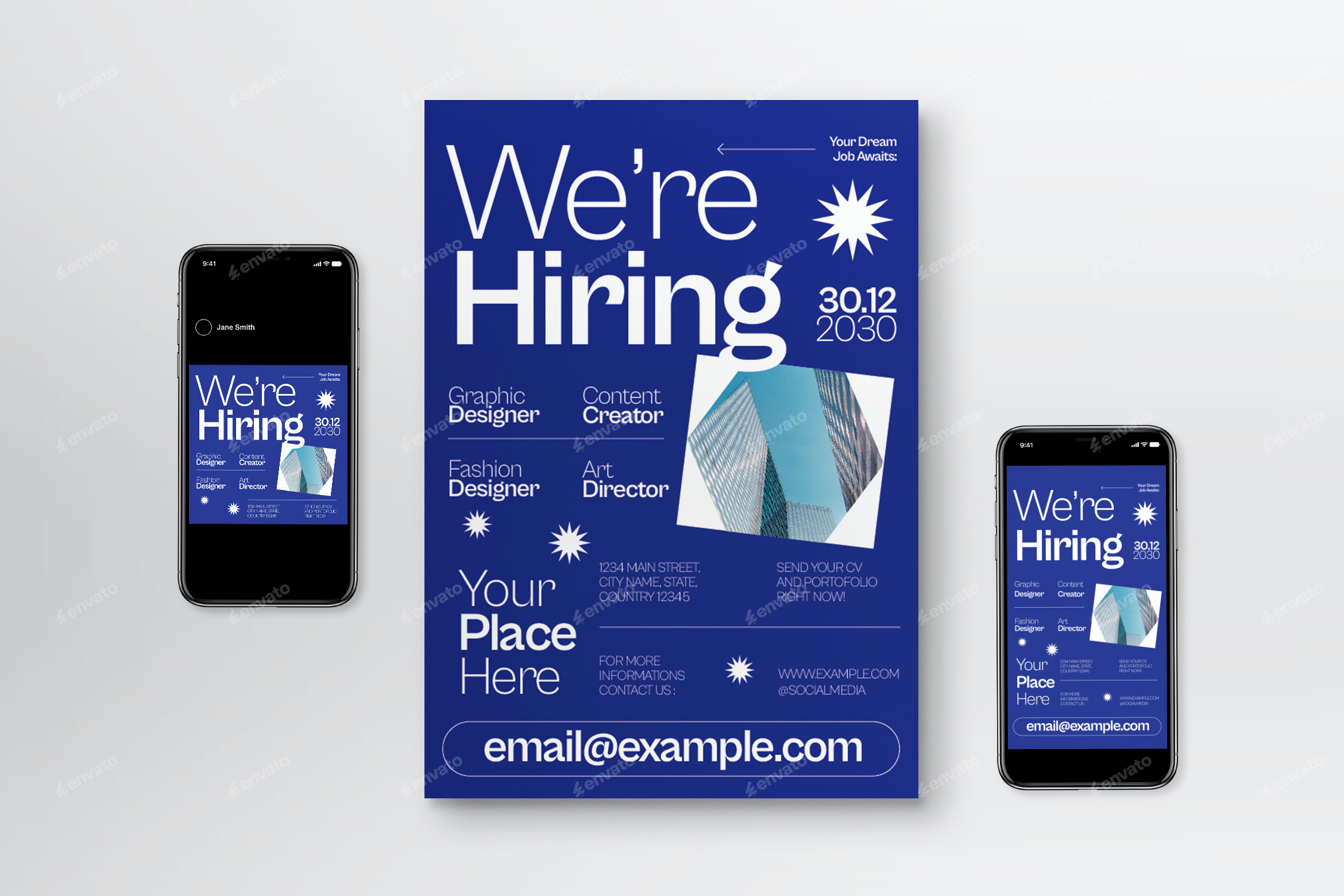 Blue White Minimalist Were Hiring Flyer Set, Print Templates | GraphicRiver