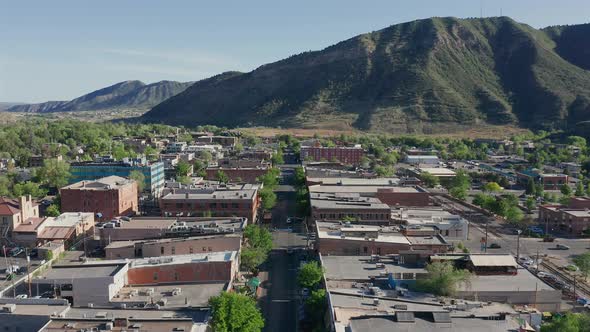 Arial summertime view over downtown Durango Colorado, Stock Footage